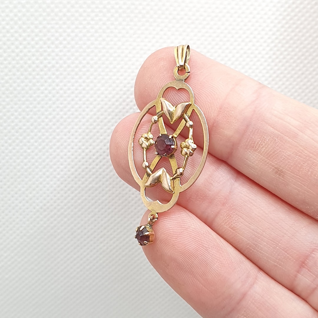 Antique 9ct Gold Pendant Amethyst Paste Lavaliere Edwardian Openwork ...