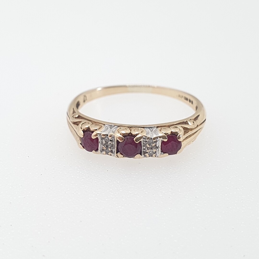 Vintage 9ct Gold Ruby Diamond Ring Solid 375 9k Yellow Hallmarked 1980s ...