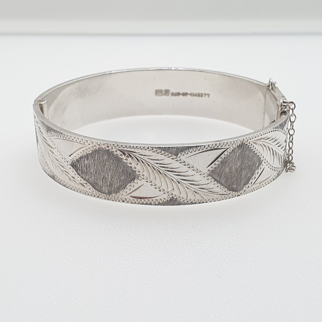 Vintage Sterling Silver Bangle Bracelet 44g Diamond Leaf Pattern ...