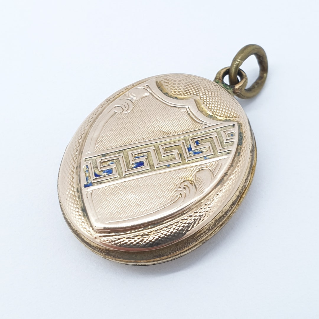 Antique 9ct Gold Locket Pendant Victorian Front Back Shield Greek Key ...