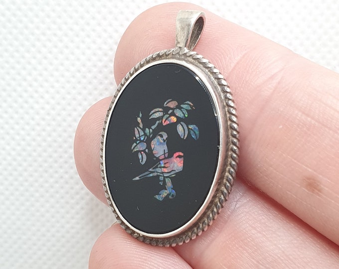 Vintage Sterling Silver Black Opal Bird Pendant Love Birds Oval 1982 ...