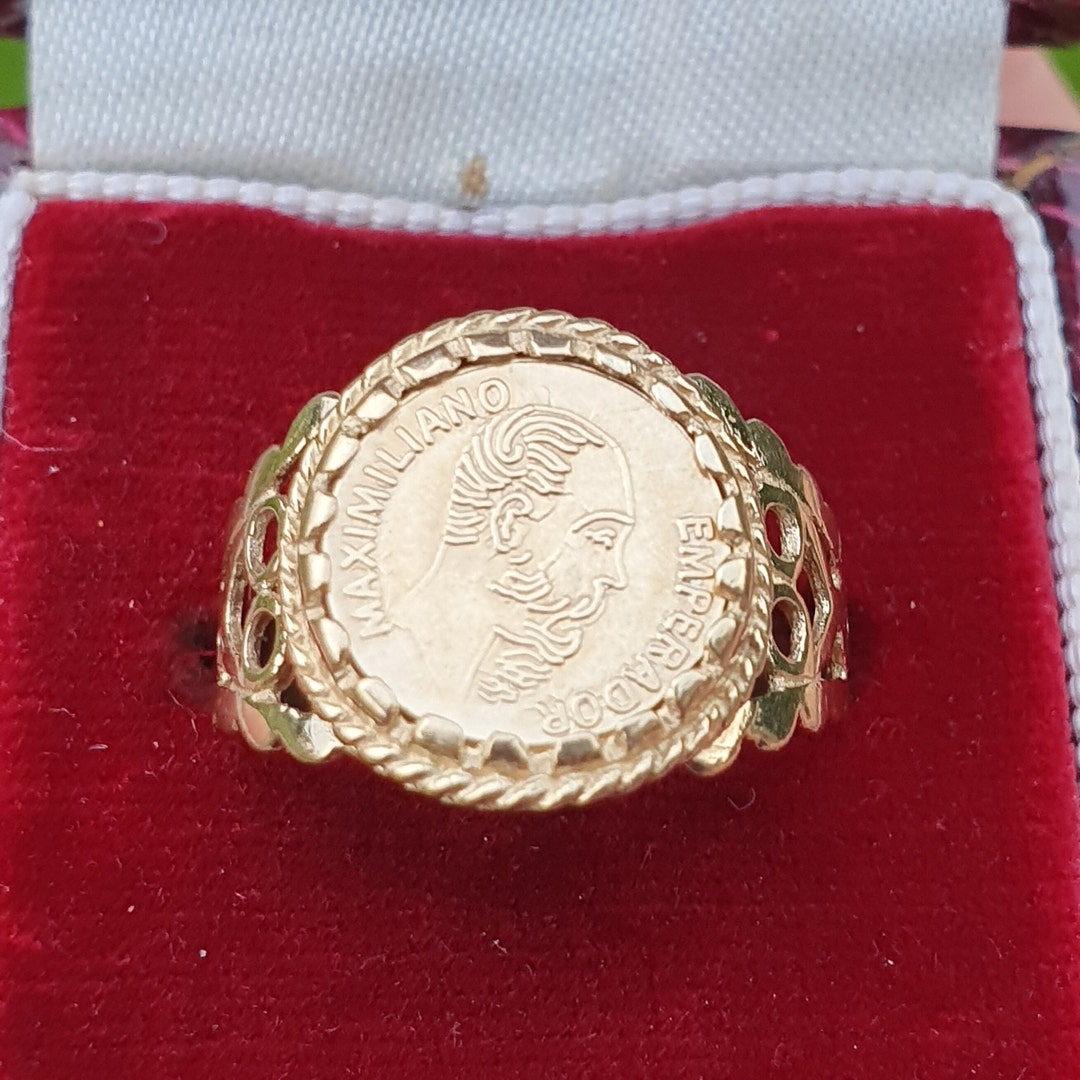 Vintage 9ct Gold Coin Signet Ring Round 2.6g Mexico Yellow 375 9k ...