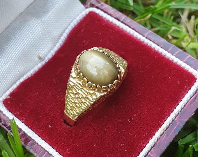Vintage 9ct Gold Signet Ring Cats Eye Oval Gemstone 3g Hallamrked Solid ...