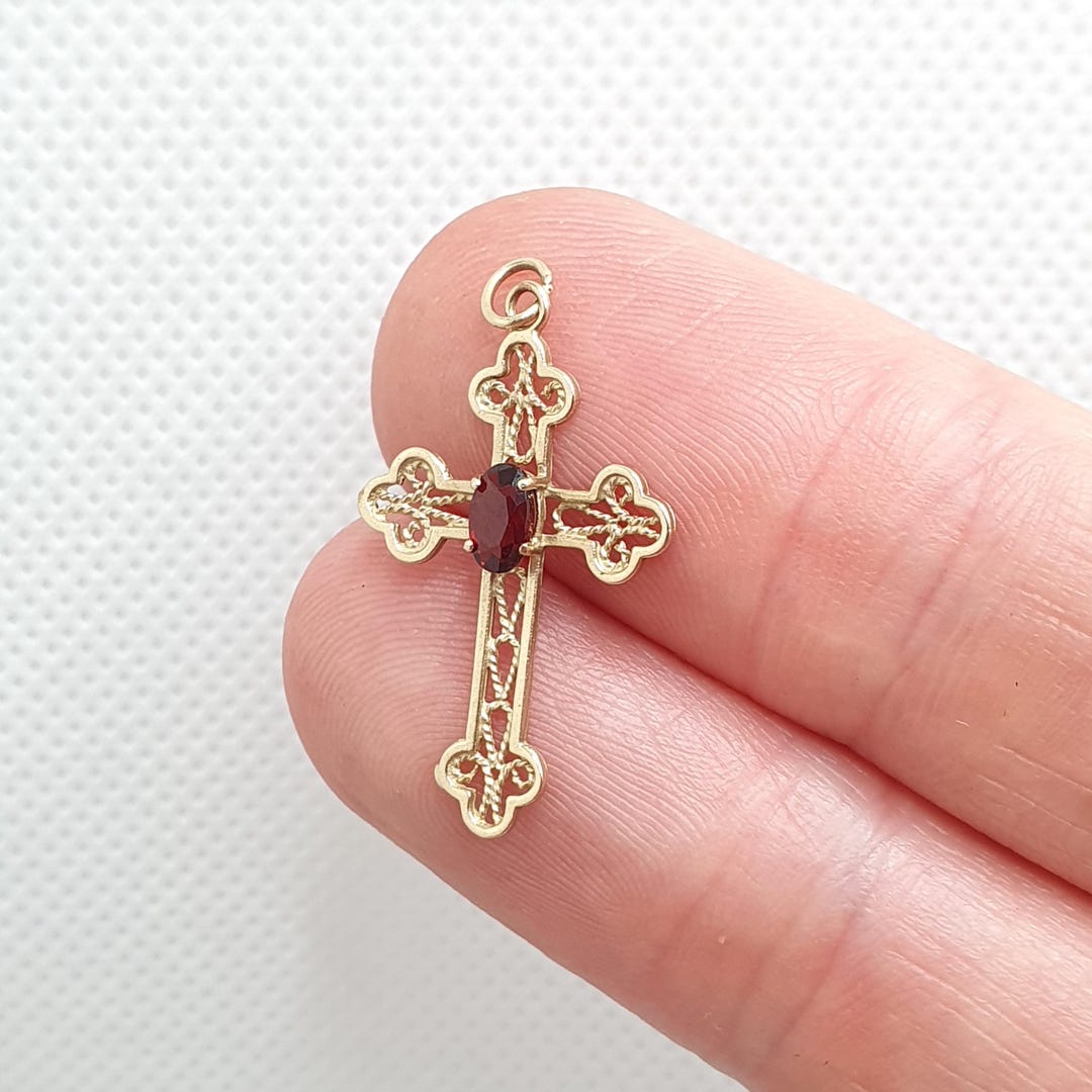 Vintage 9ct Gold Cross Pendant Garnet Gemstone Crucifix Petit Solid 9K ...