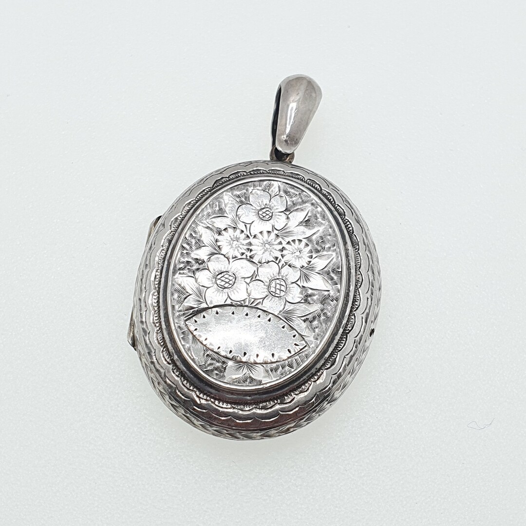 Antique Victorian Solid Silver Oval Locket Pendant Large Vintage Floral ...