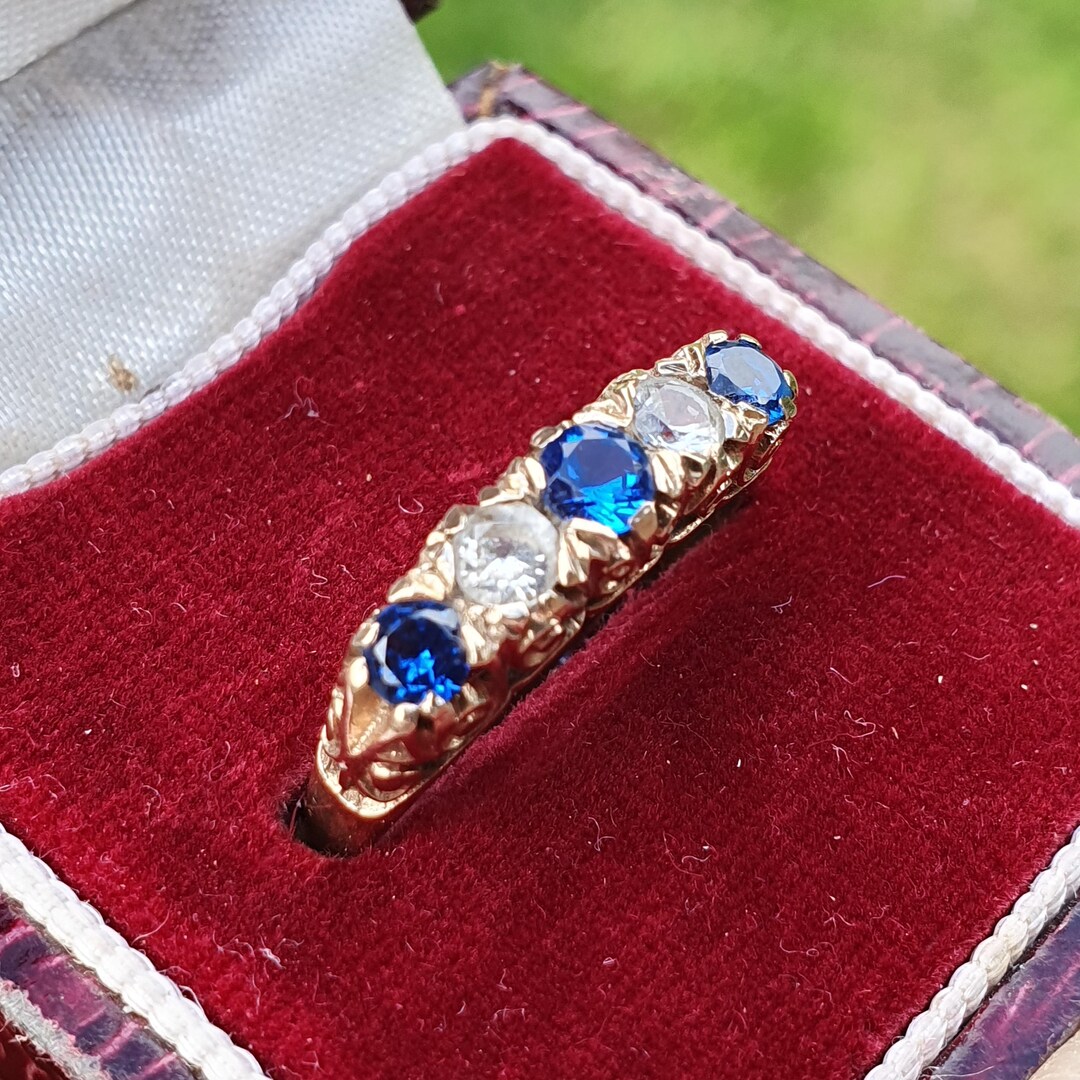 Vintage 9ct Gold Gypsy Ring Diamond Sapphire Style Blue White Quartz ...