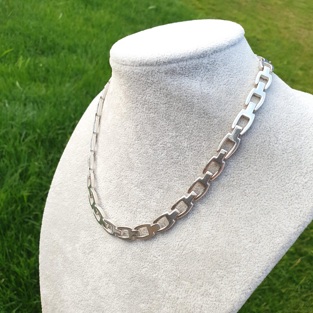 Vintage Sterling Silver Chain Collar Necklace 59g Heavy Flat Curb Link ...