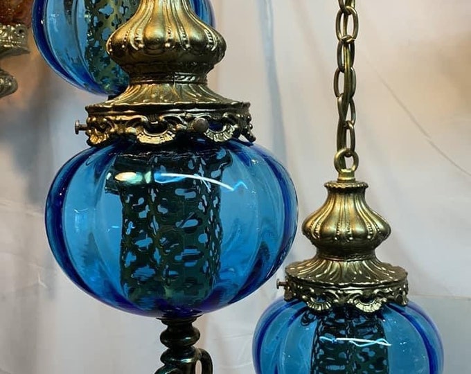 Vintage Triple Multi Swag Fixture With Three Real Blue 5” Glass Shades ...