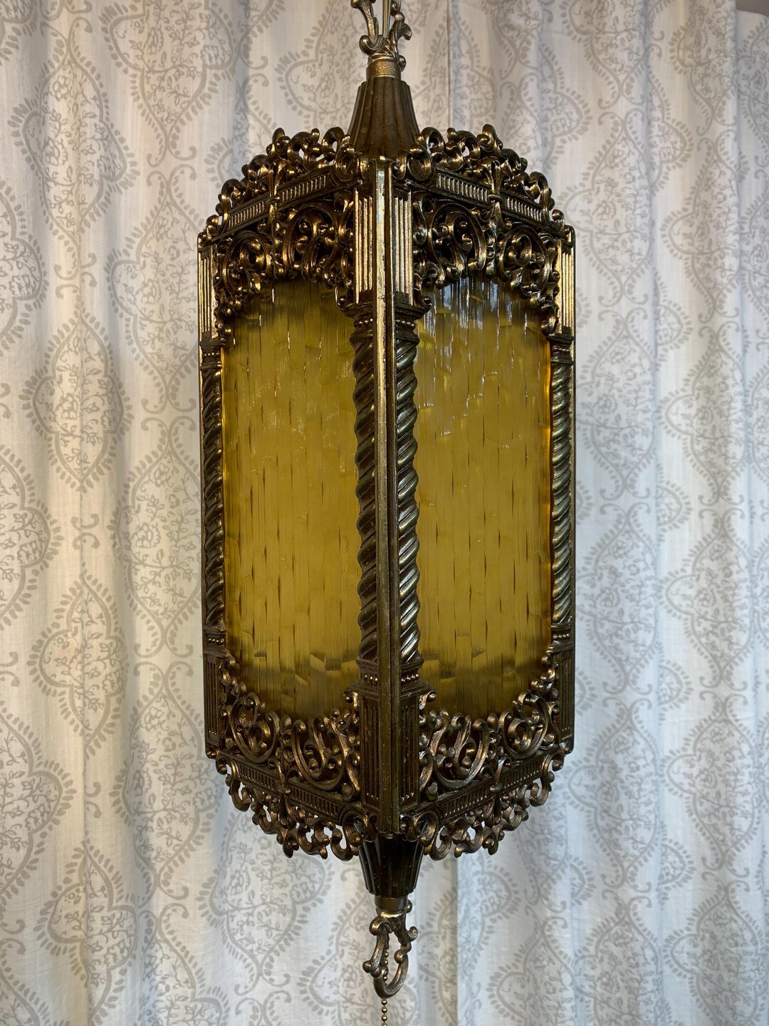 Gothic Spanish Tudor Brass Framed Amber Glass Hanging Swag Lamp Light ...