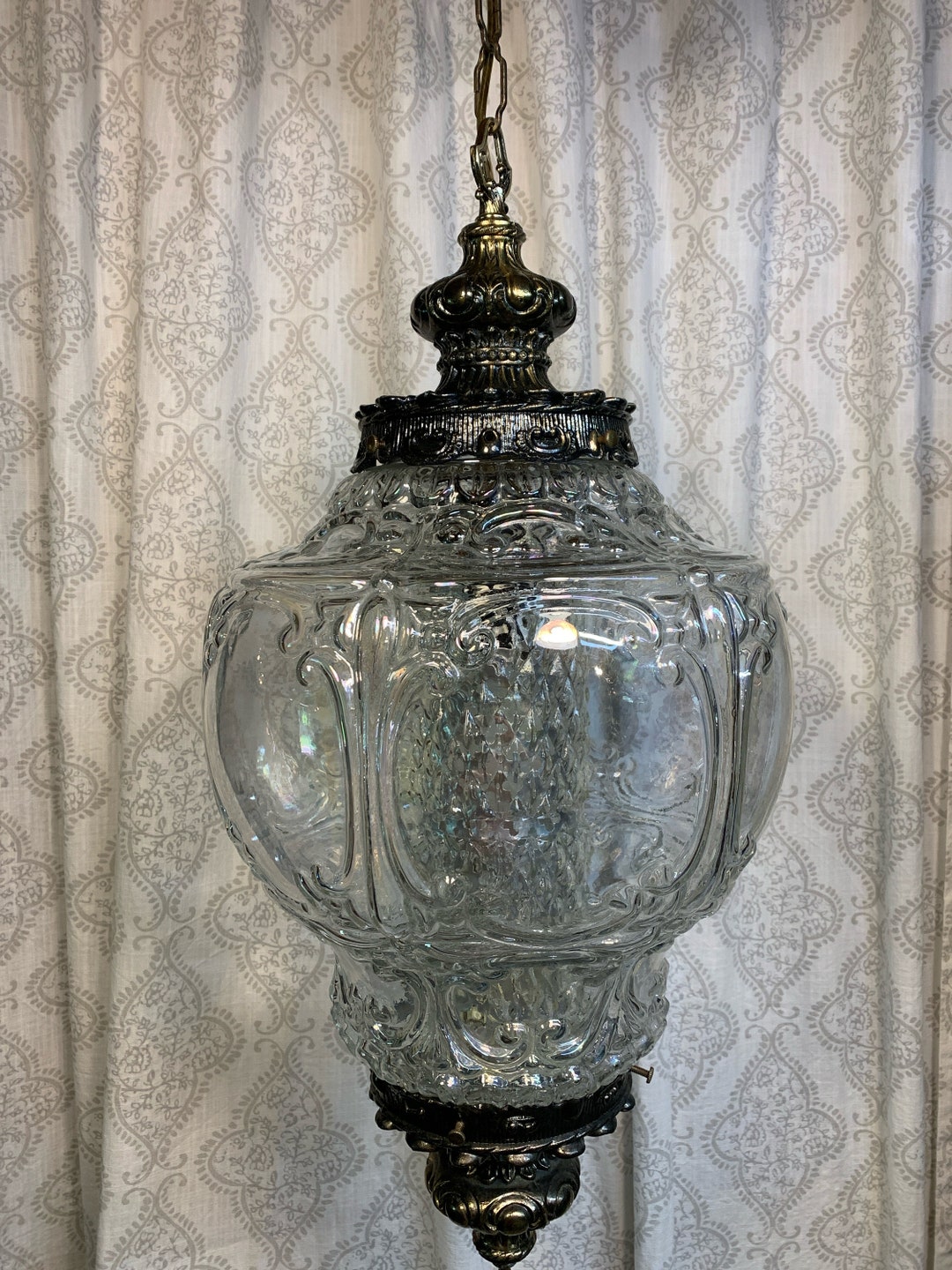 12” Wide Gothic Lantern Style Clear Carnival Glass Vintage Hanging Swag ...