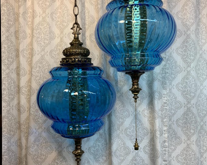 Super Nice Pair of Real Blue Glass Vintage Hanging Swag Lamps Lights - Etsy