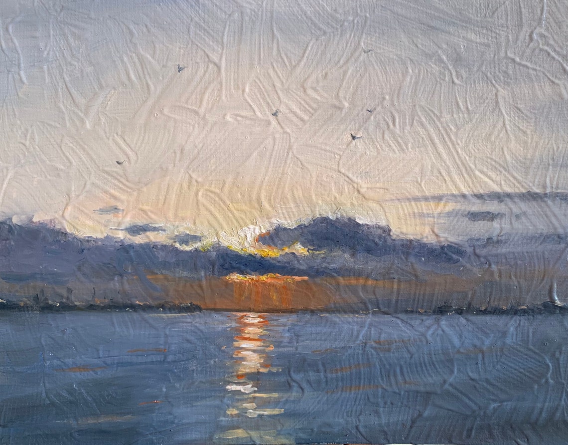Sunset Over Water - Original Oil on Canvas Board Landscape Painting ...