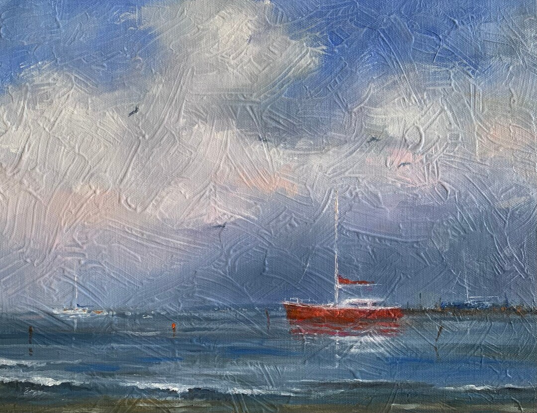 Red Yacht | Original Oil on Canvas Board Painting by Vernon Lintern ...