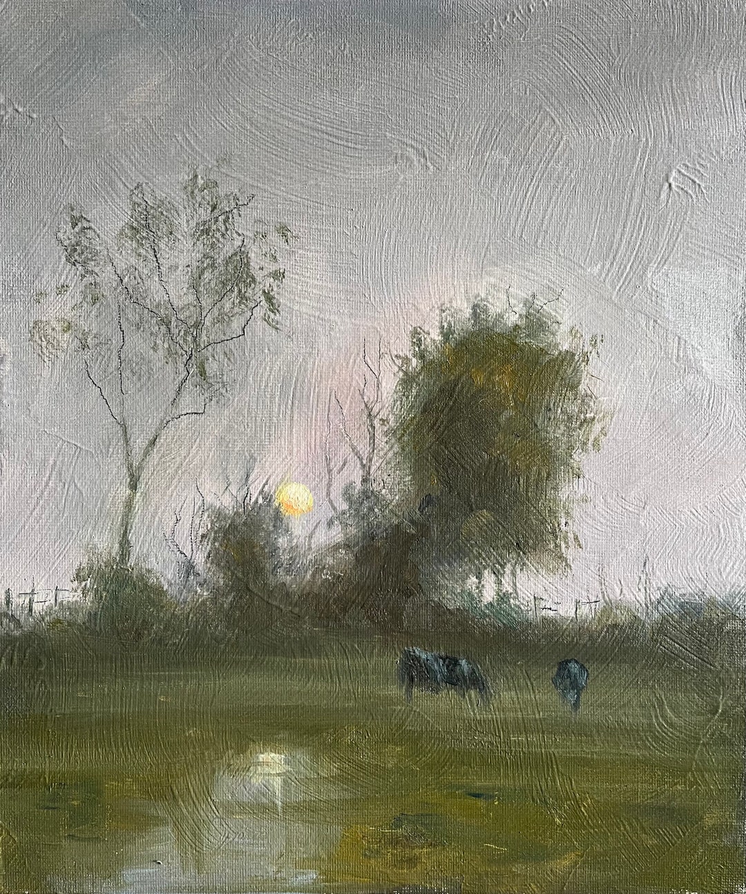 Cows at Dusk | Original Oil on Canvas Board Painting by Vernon Lintern ...