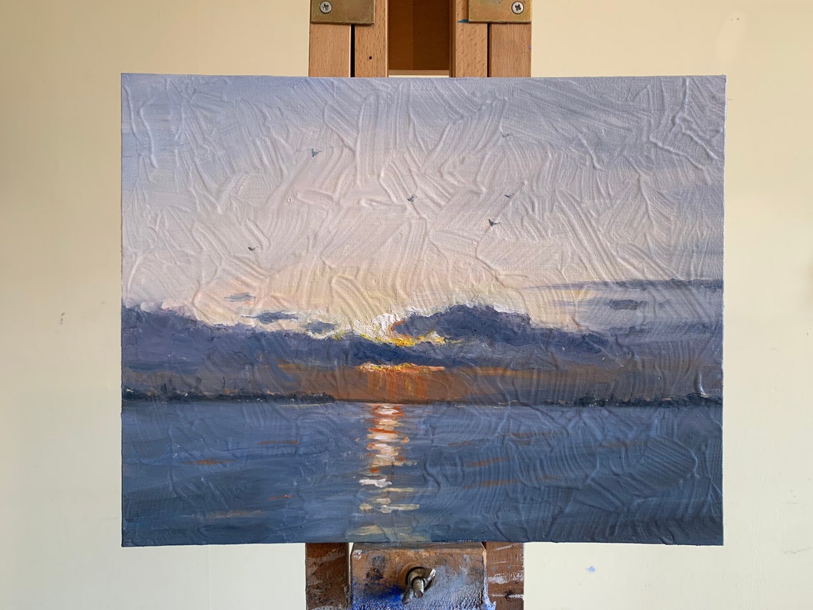 Sunset Over Water - Original Oil on Canvas Board Landscape Painting ...
