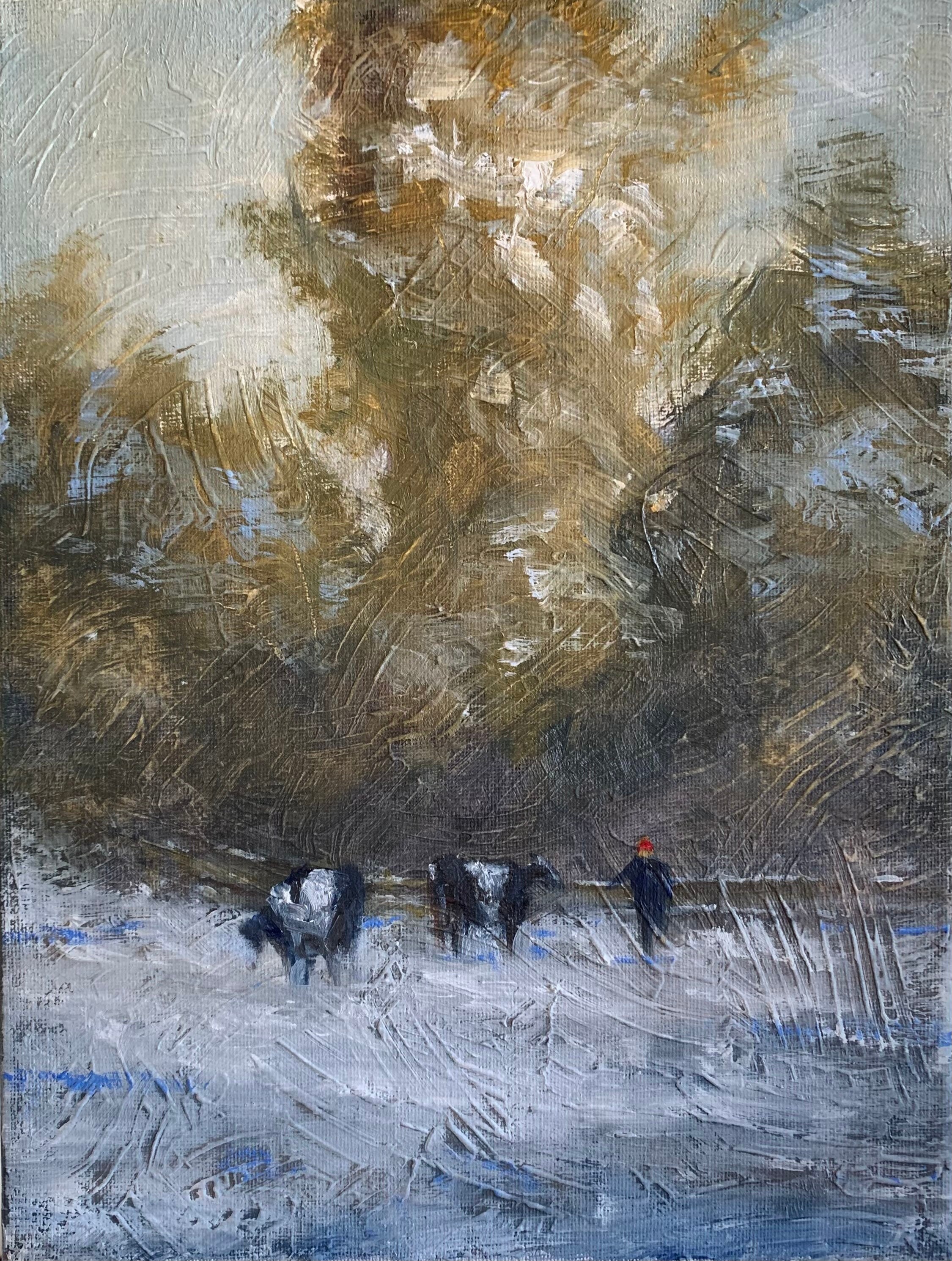 Talking to Cows in the Snow Original Oil on Canvas Painting by Vernon ...