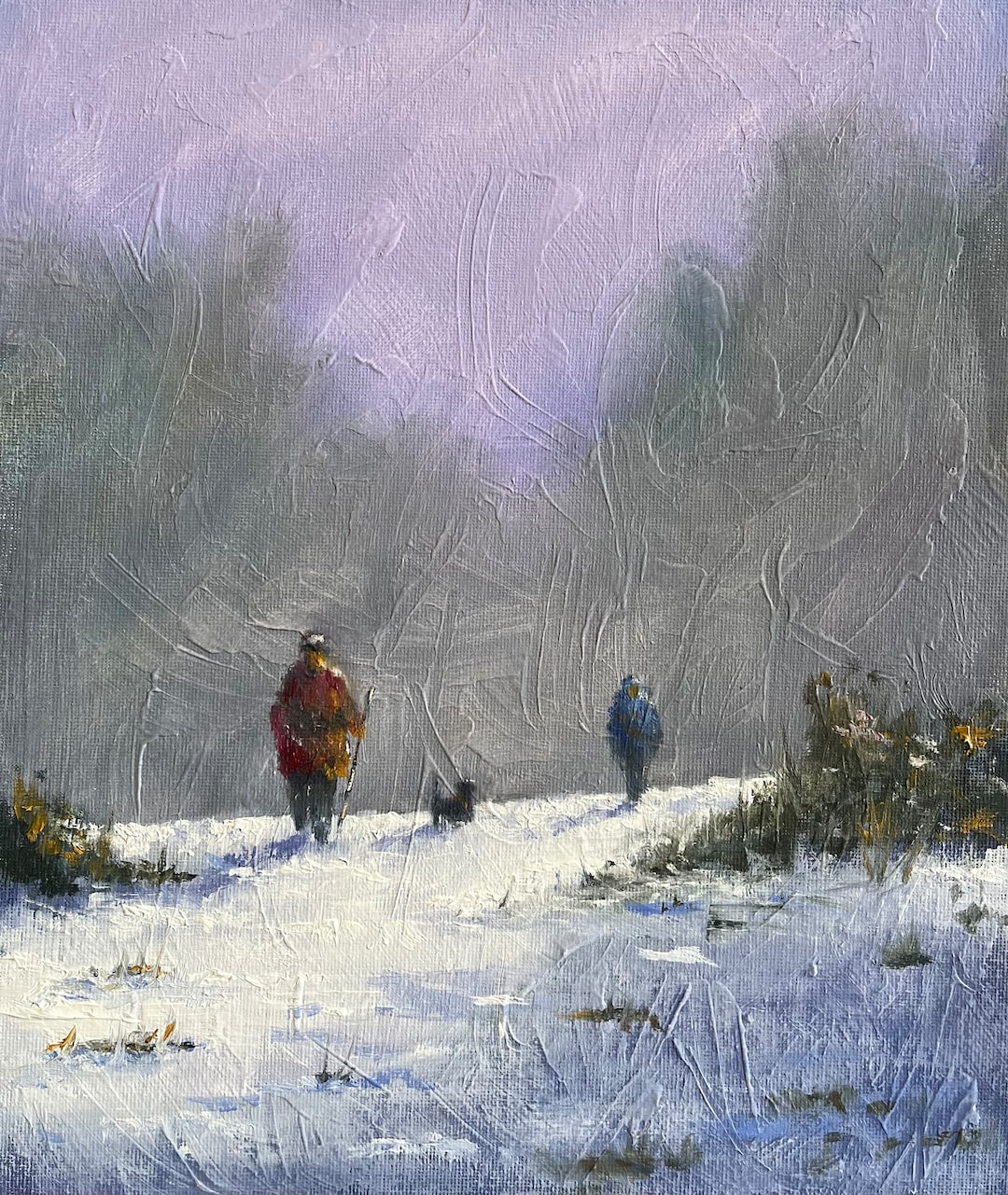 Snowy Dog Walk | Original Oil on Canvas Board by Vernon Lintern | Art ...