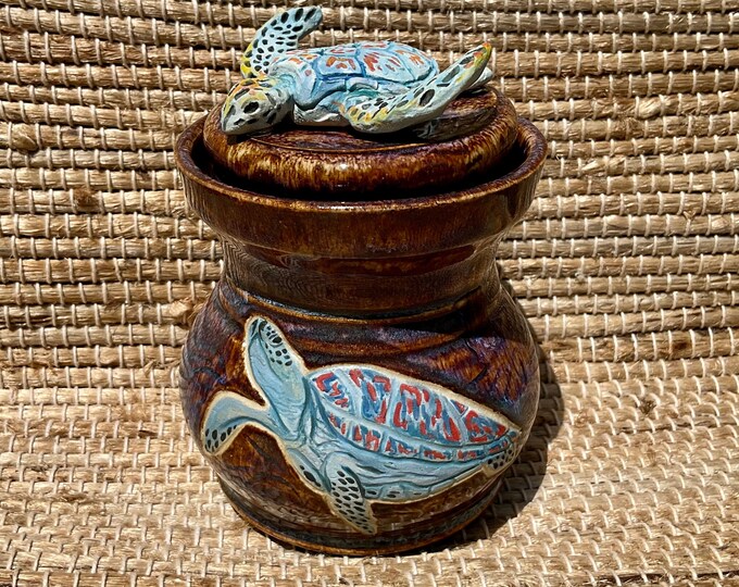 Ceramic Sea Turtle Jar, One of a Kind Handmade and Sgraffito Carved and ...