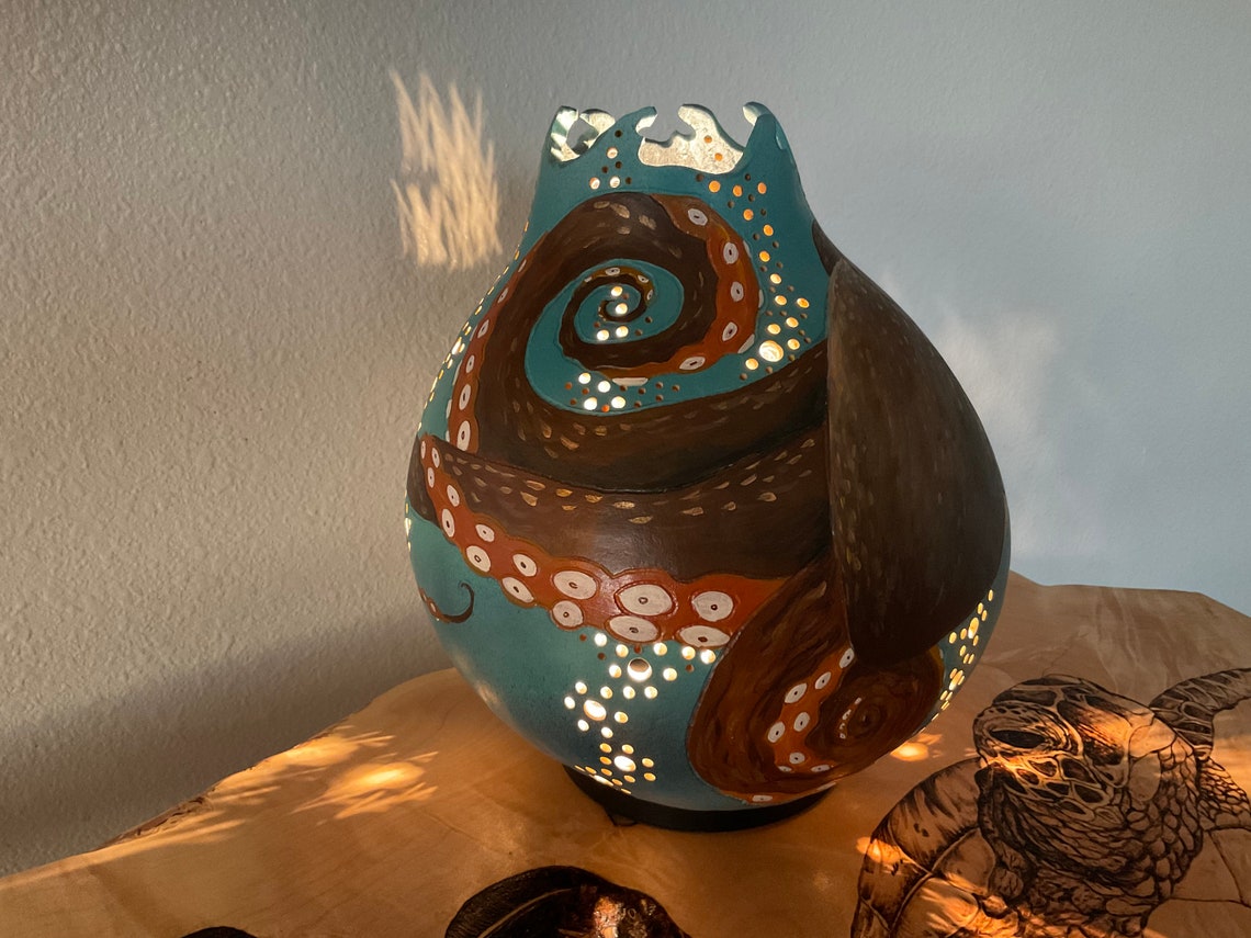 Octopus Gourd Lamp Hand Painted Pierced and Carved Gourd - Etsy