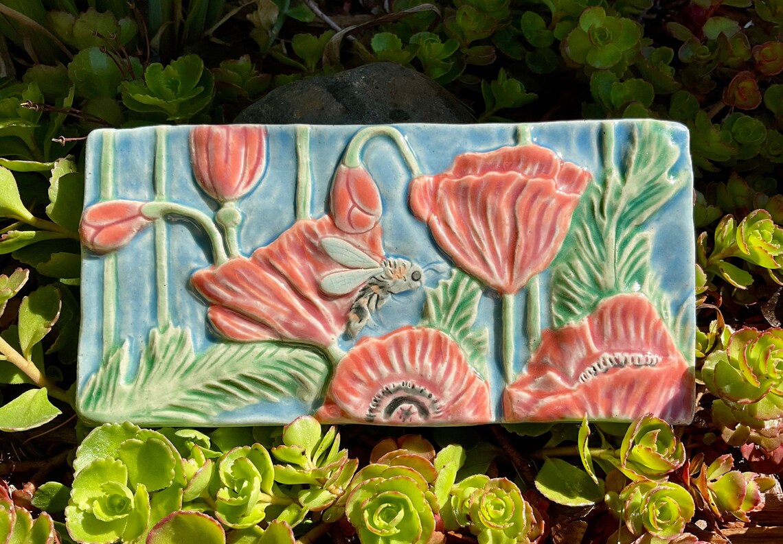 Poppy and Bee Tile Ceramic Handmade Pressed Rectangle - Etsy