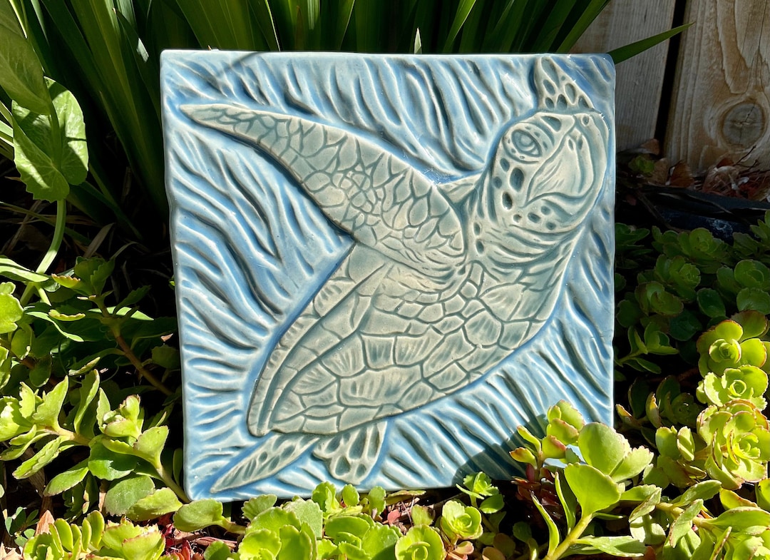 Sea Turtle Tile, Ceramic Handmade Pressed Relief | Square Carved ...