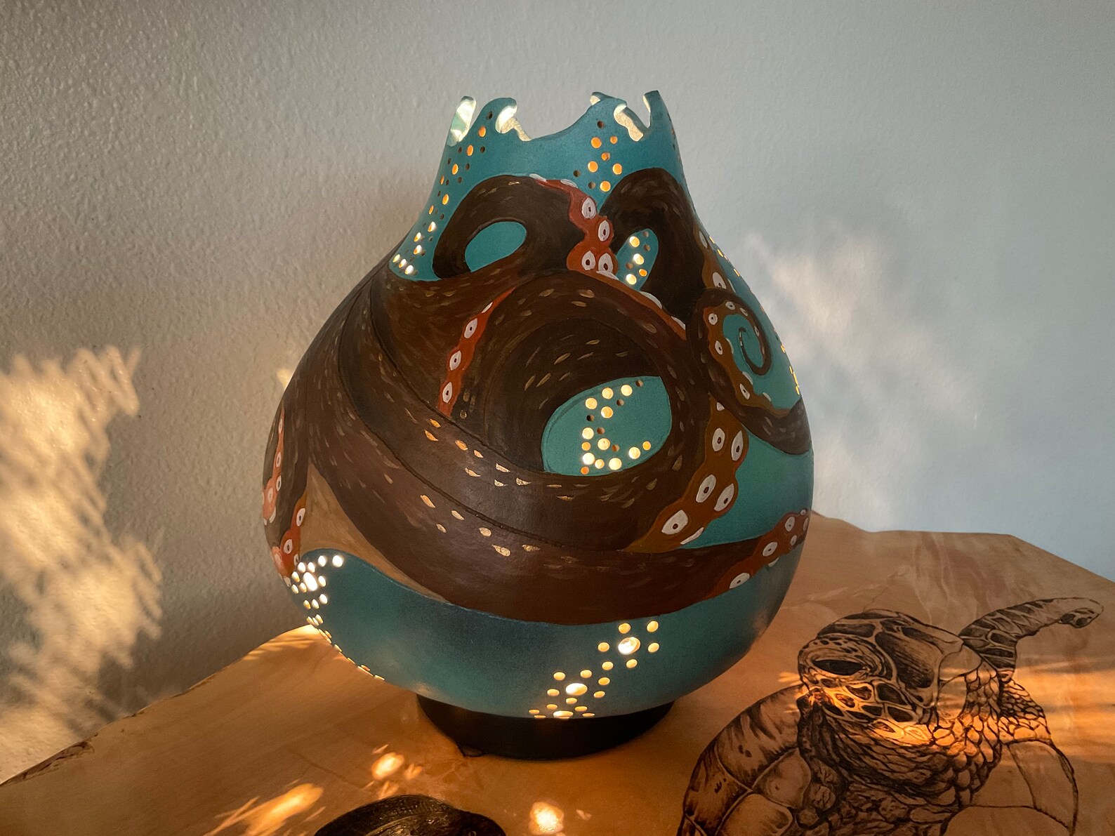 Octopus Gourd Lamp Hand Painted Pierced and Carved Gourd - Etsy