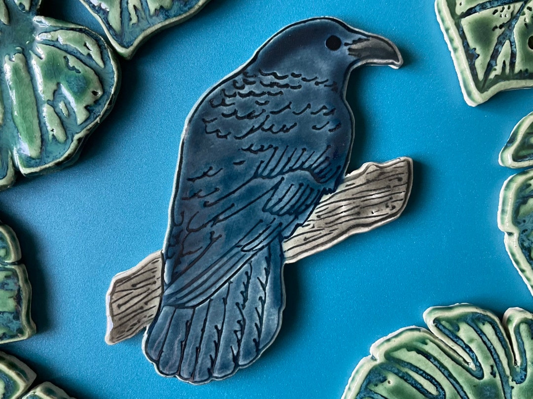 Raven Mosaic Tile, Handmade and Glazed Ceramic Crow Bird Forest Pottery ...