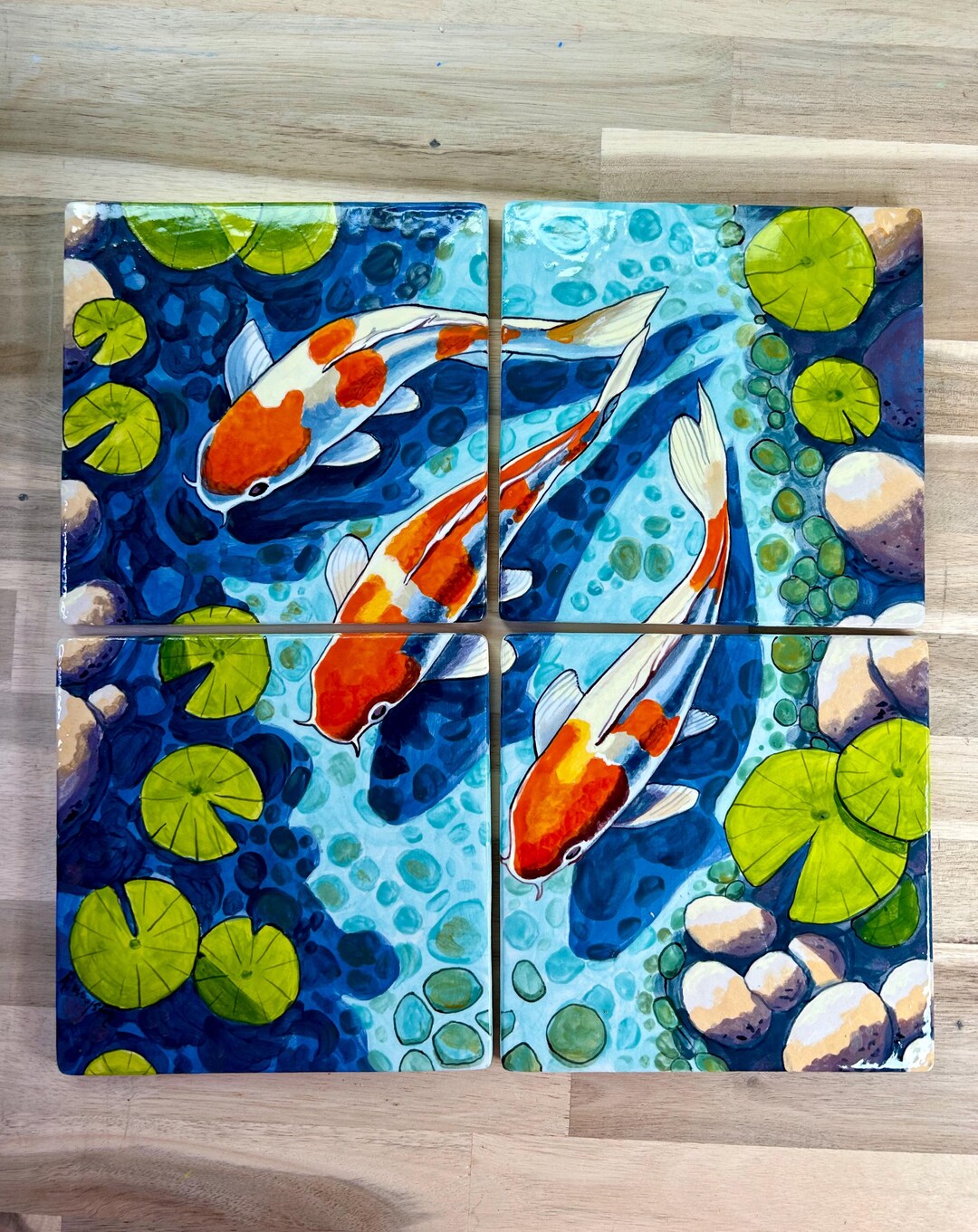 Three Koi Handpainted Tile Set, Fish Pebbles and Lily Pads, One of a ...
