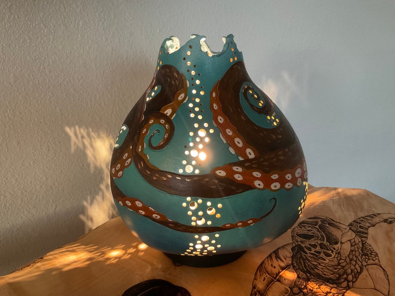 Octopus Gourd Lamp Hand Painted Pierced and Carved Gourd - Etsy