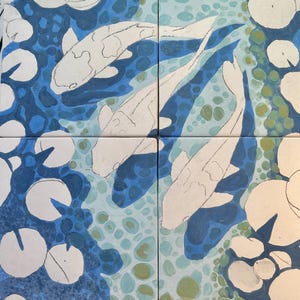 Three Koi Handpainted Tile Set, Fish Pebbles and Lily Pads, One of a ...