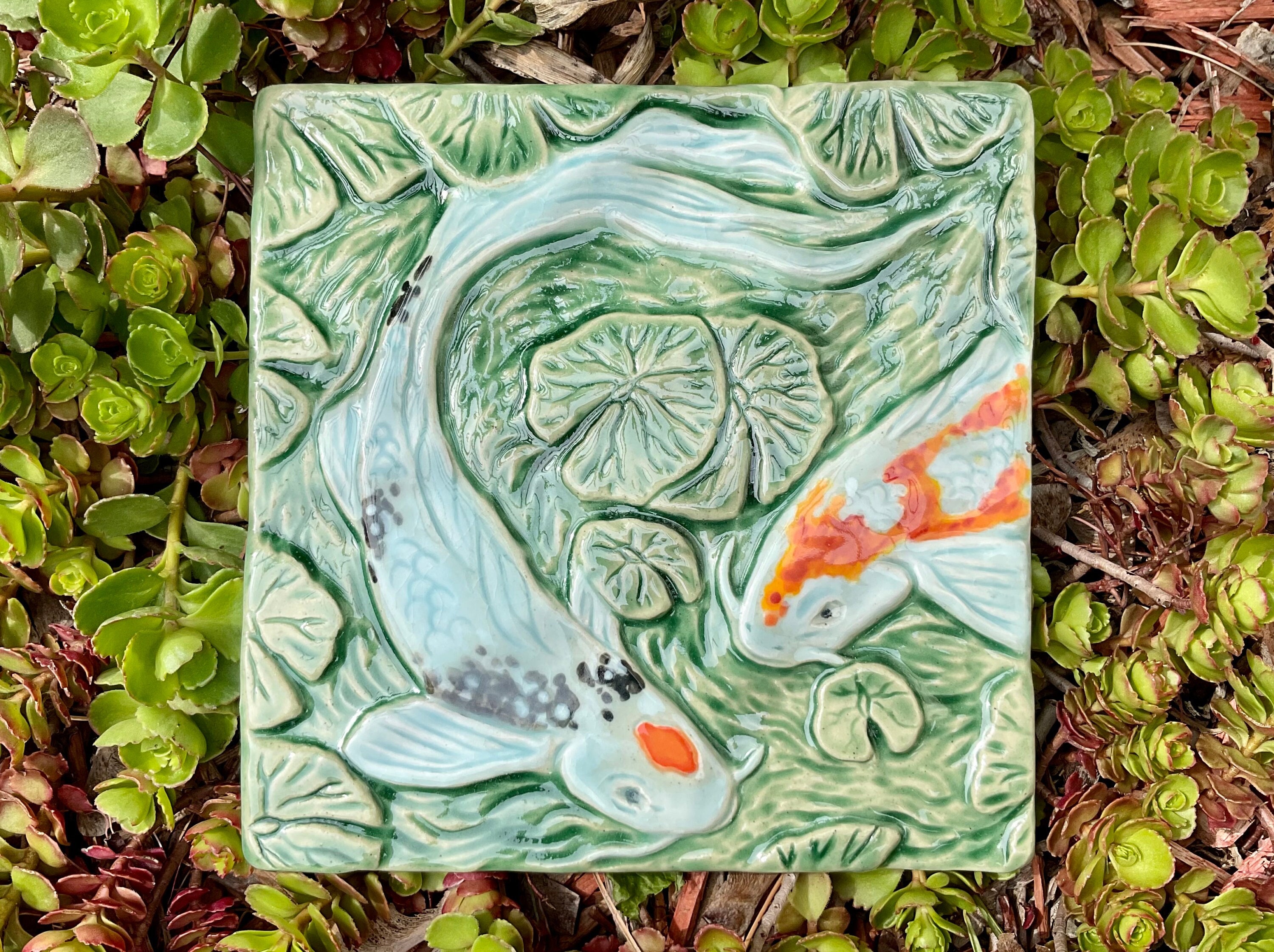 Koi Tile With Lily Pads Ceramic Handmade Pressed Square - Etsy