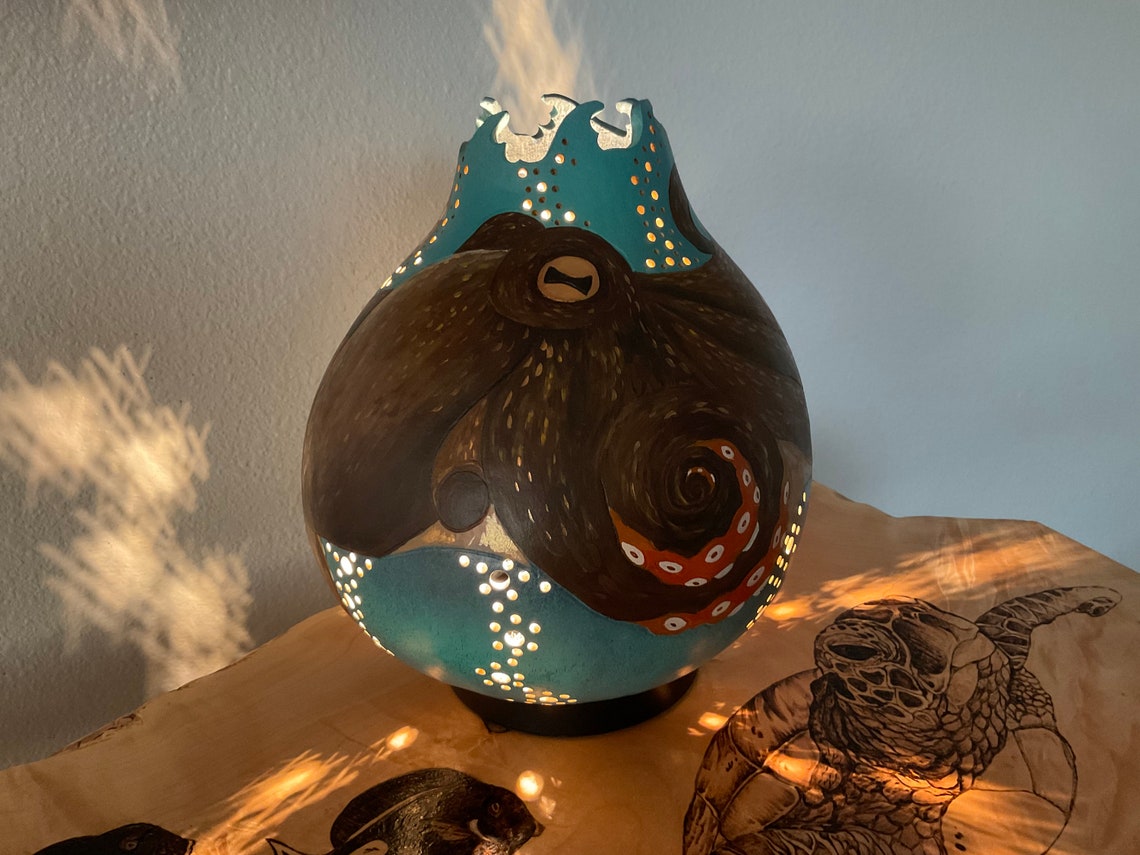 Octopus Gourd Lamp Hand Painted Pierced and Carved Gourd - Etsy
