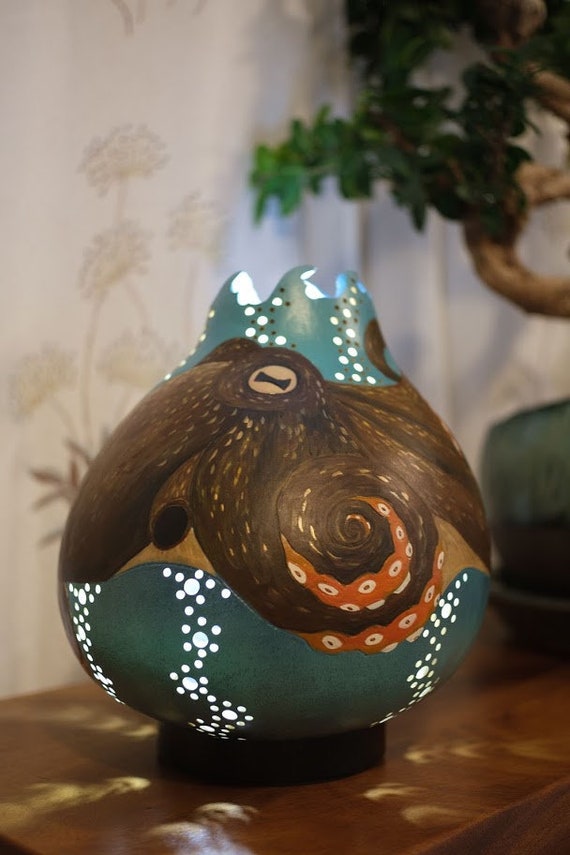 Octopus Gourd Lamp Hand Painted Pierced and Carved Gourd - Etsy