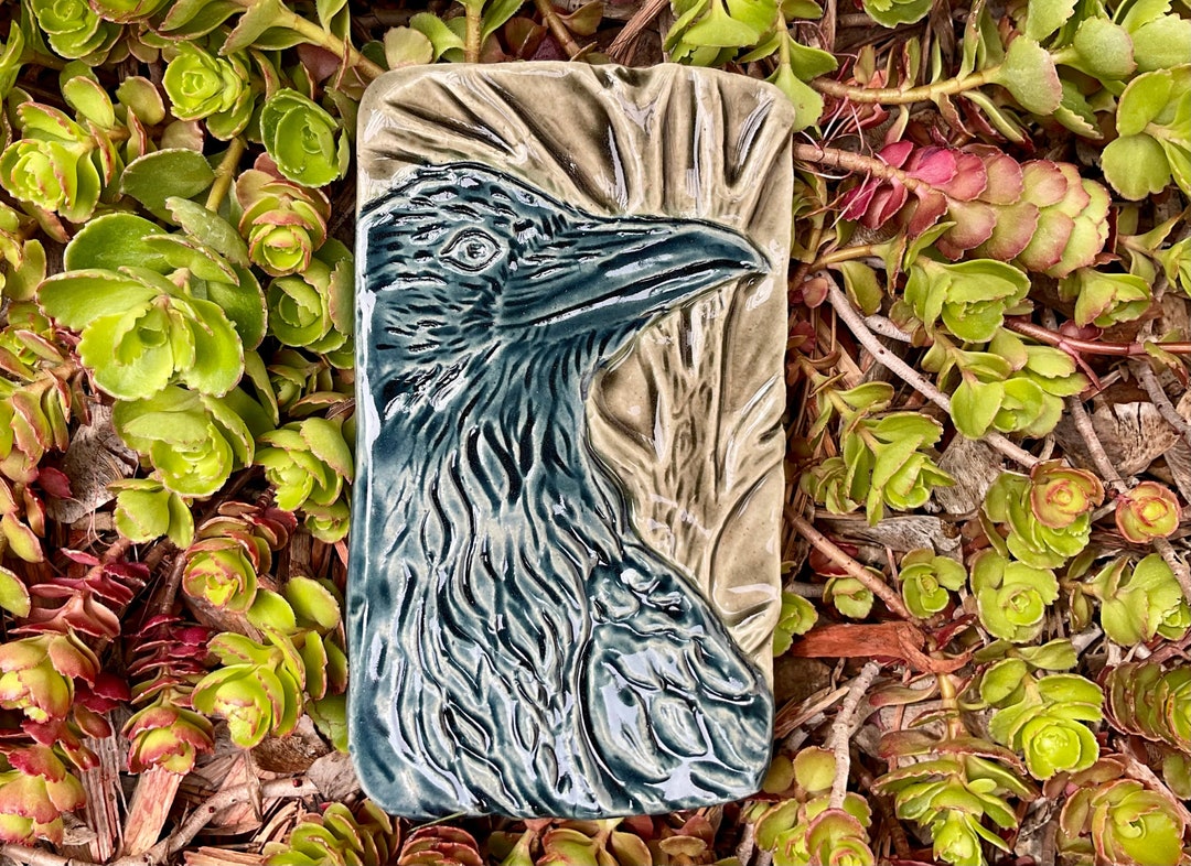 Raven Tile, Ceramic Handmade Pressed Relief Rectangle Celadon Glaze Art ...