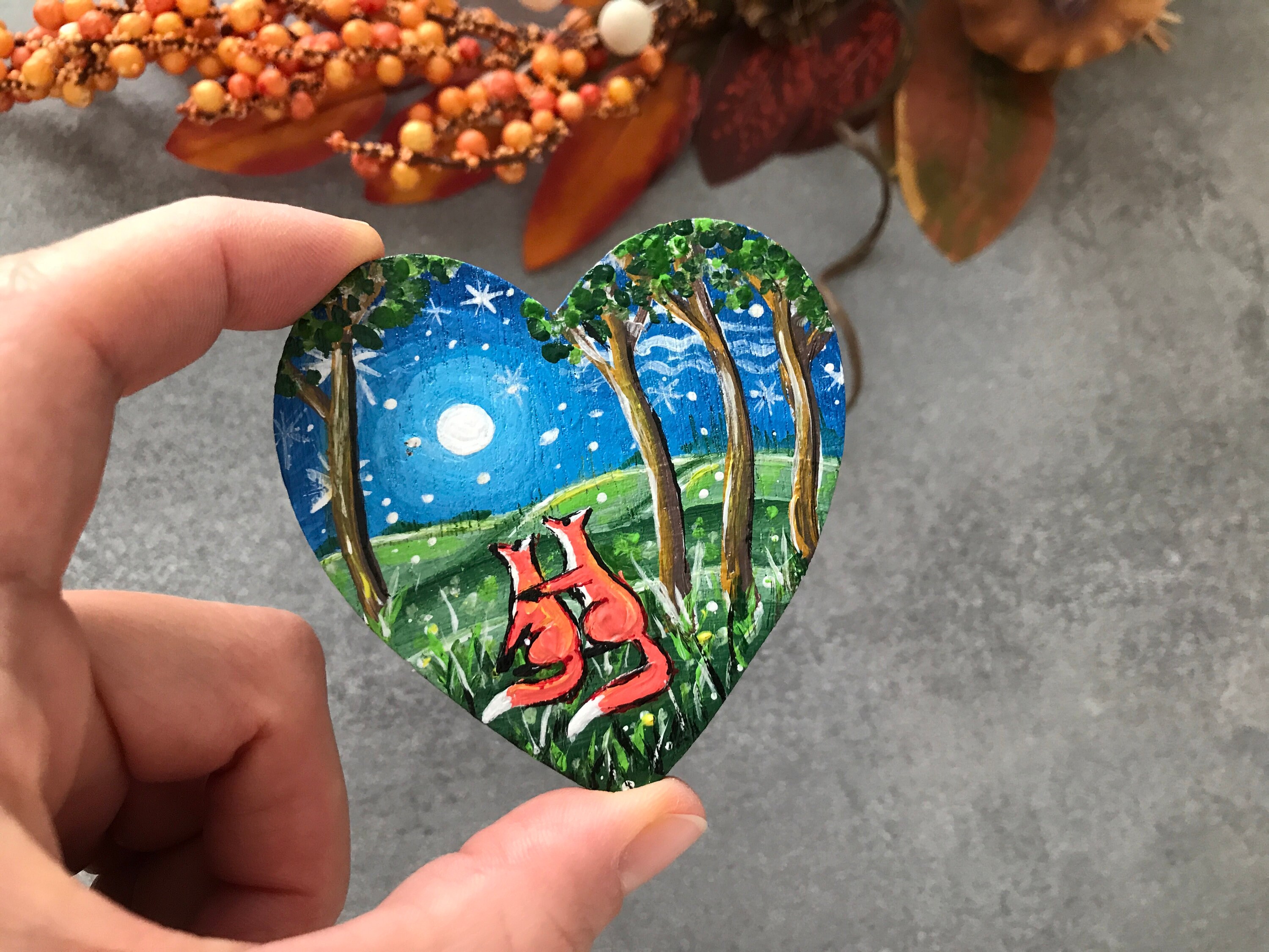 Wooden Badge Two Foxes Looking at the Moon. - Etsy