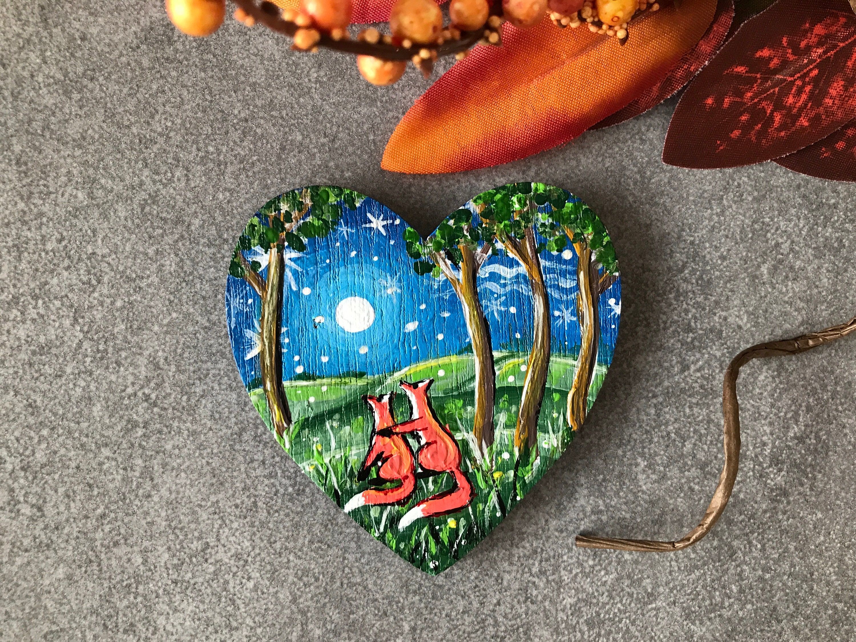 Wooden Badge Two Foxes Looking at the Moon. - Etsy