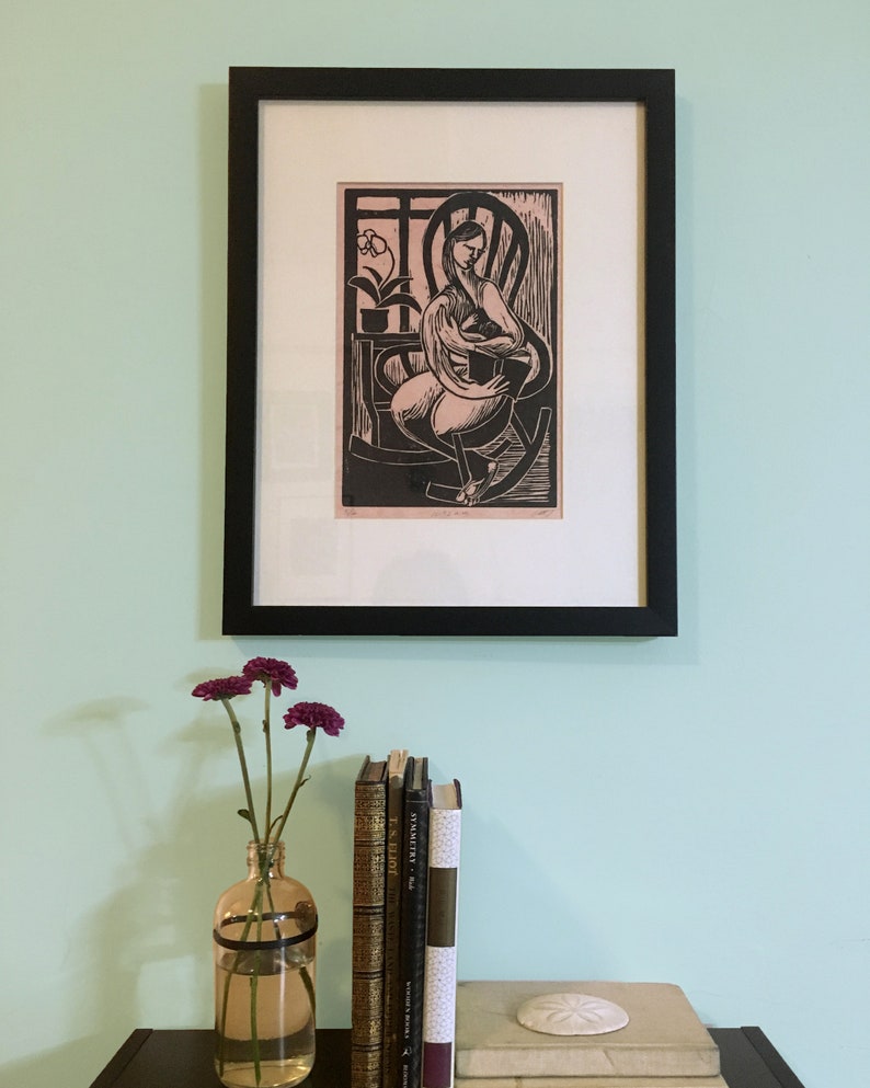 Mother With Baby Reading in Rocker and Orchid Linocut Print - Etsy Canada