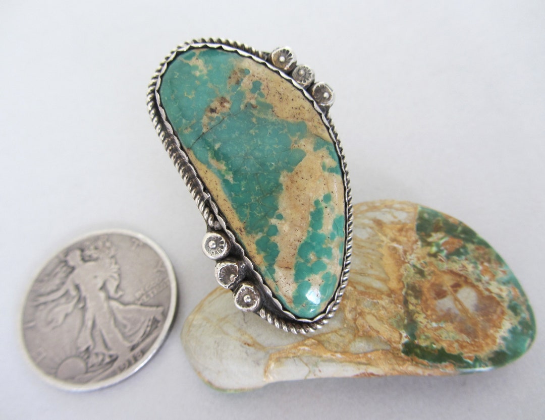 LARGE 1 7/8th" Native American Green Turquoise Sterling Silver Ring 17. ...