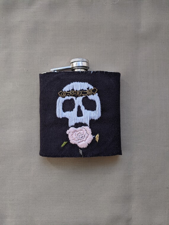 Hand embroidered 6oz stainless steel hip flask Ghost Skull | Etsy