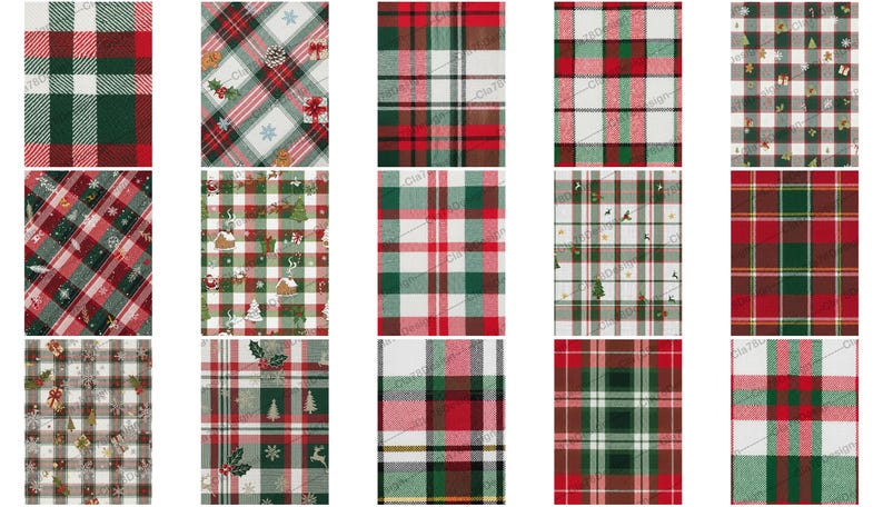 Digitaal papier met tartanruit, geruite kerstpatronen, rood groen goud ...