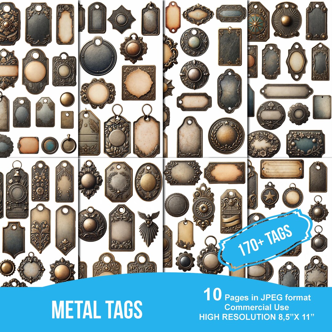 Metal Plaques, Grunge Ephemera Images Digital Collage, Writable Tags ...