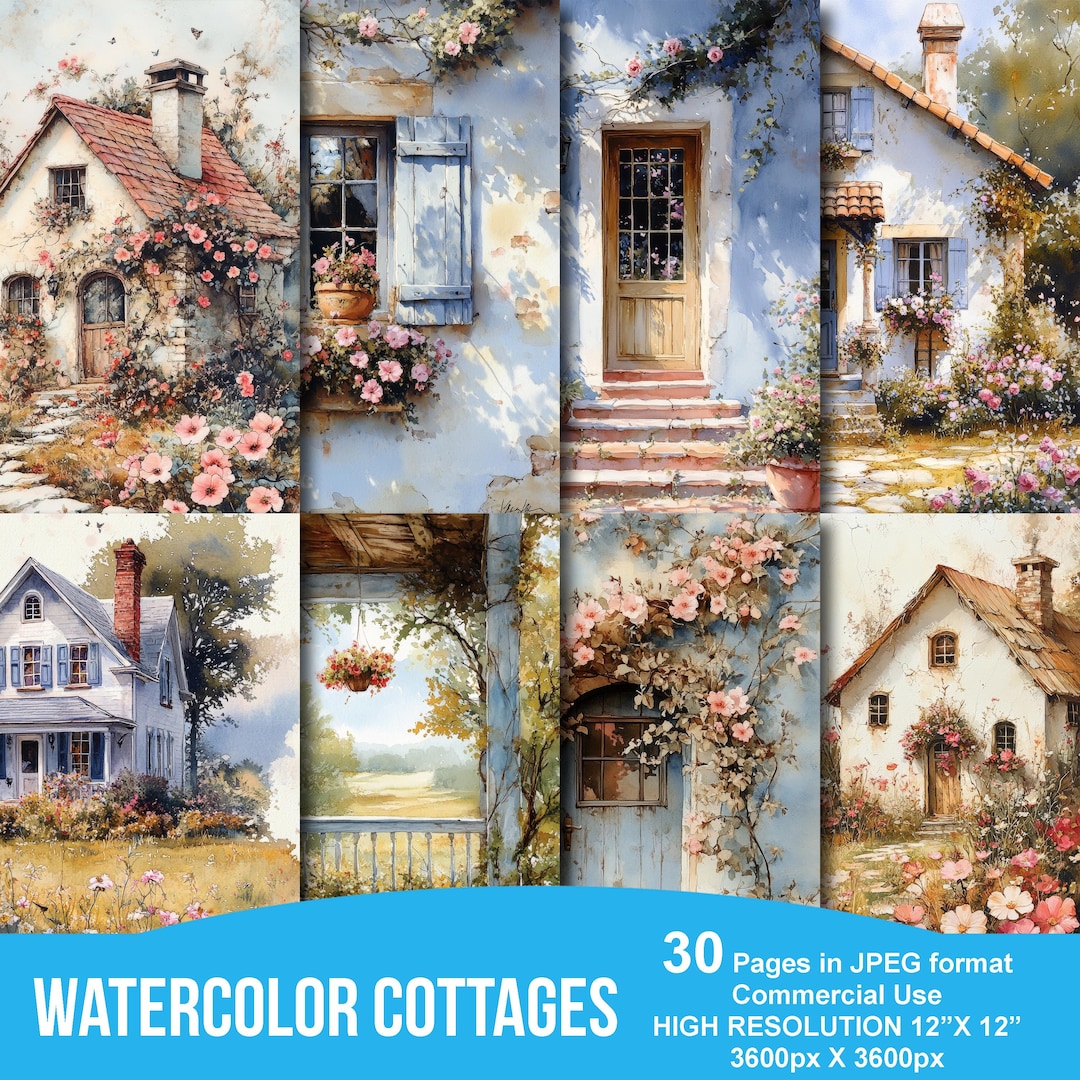 Watercolor Cottage Paper Decoupage, JPEG Village House, Cottagecore ...