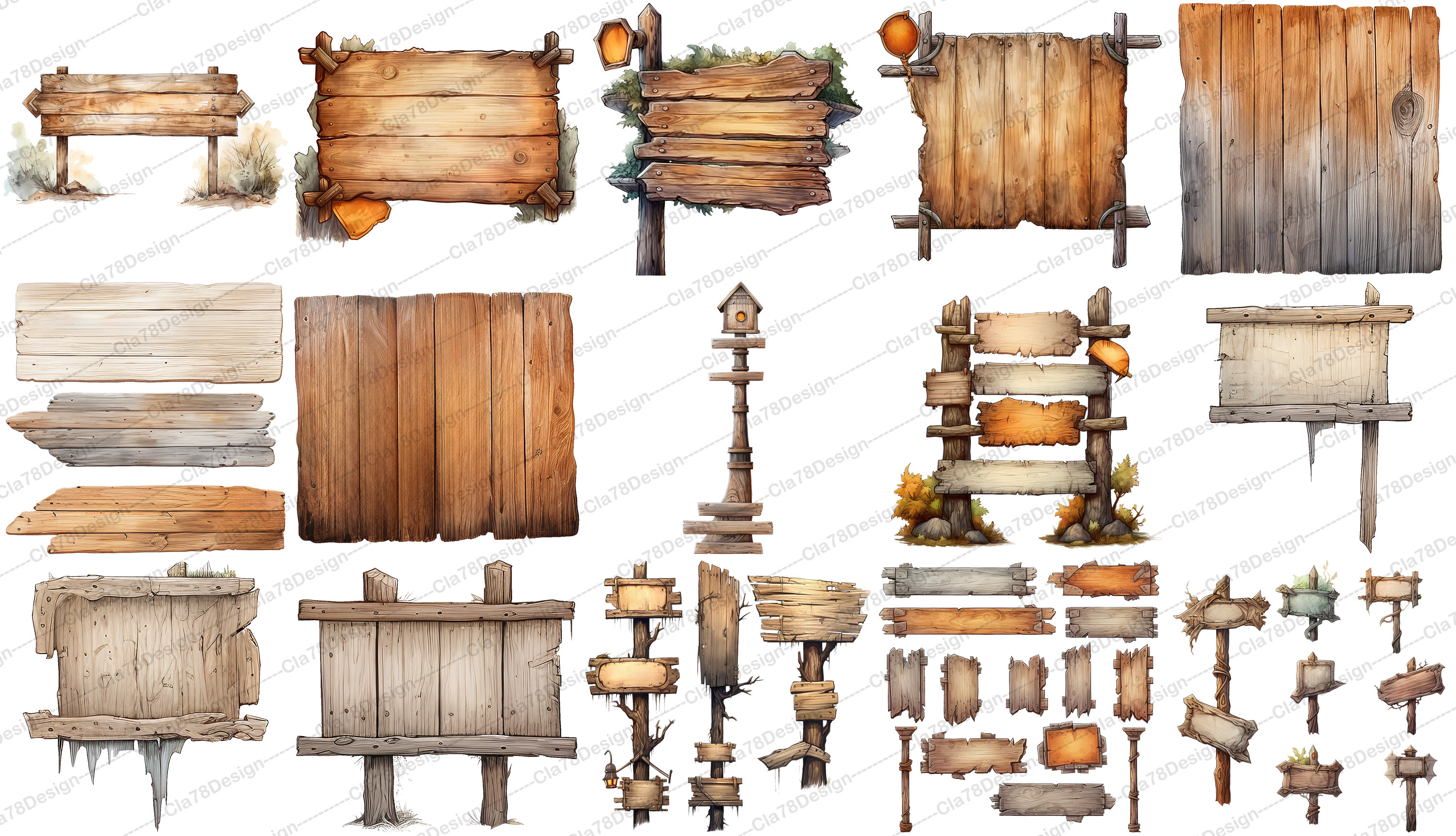 15 Old Wood Signs Clipart 8" X 8" - Transparent Background Digital ...