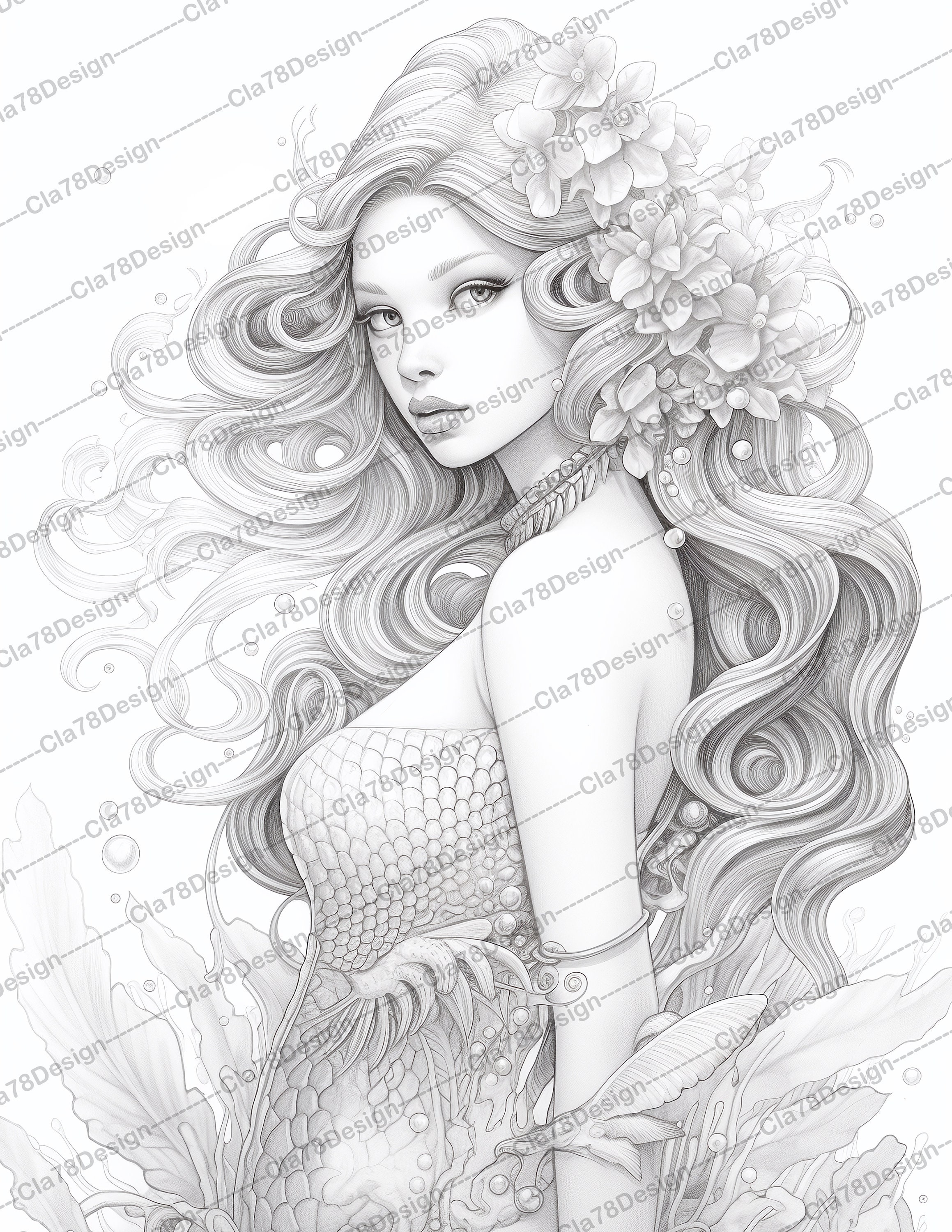 20 Beautiful Mermaids Coloring Pages + Cover, Printable Adult Coloring ...