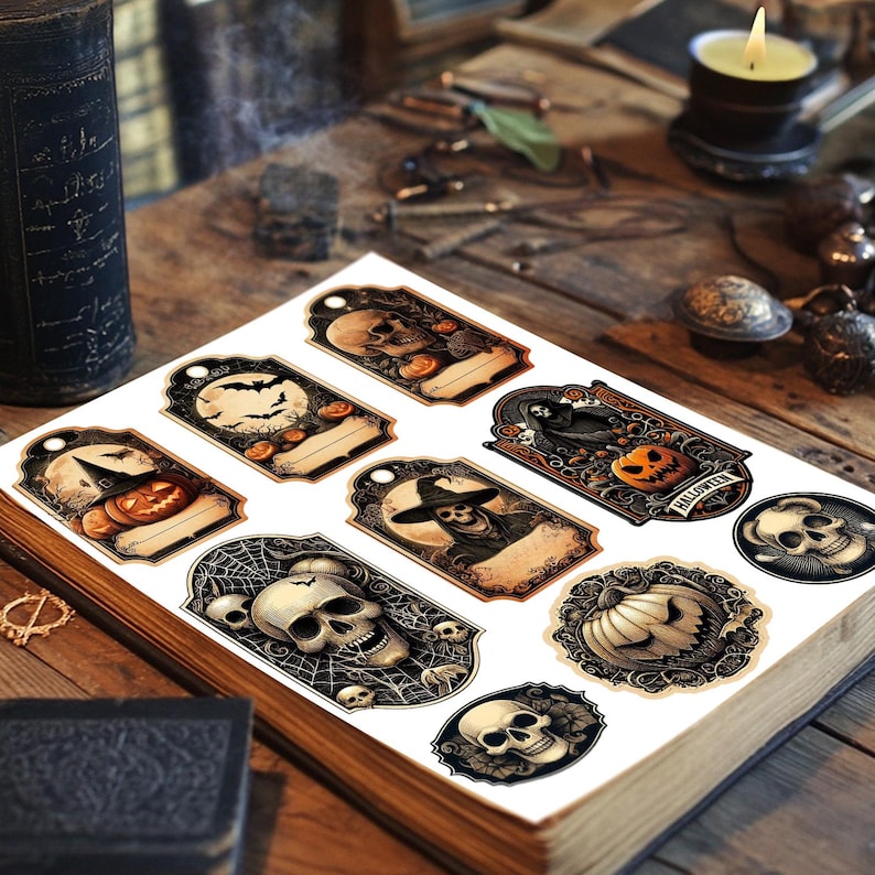 Halloween Tags and Labels Printable, Vintage Skull and Pumpkin Tags for ...