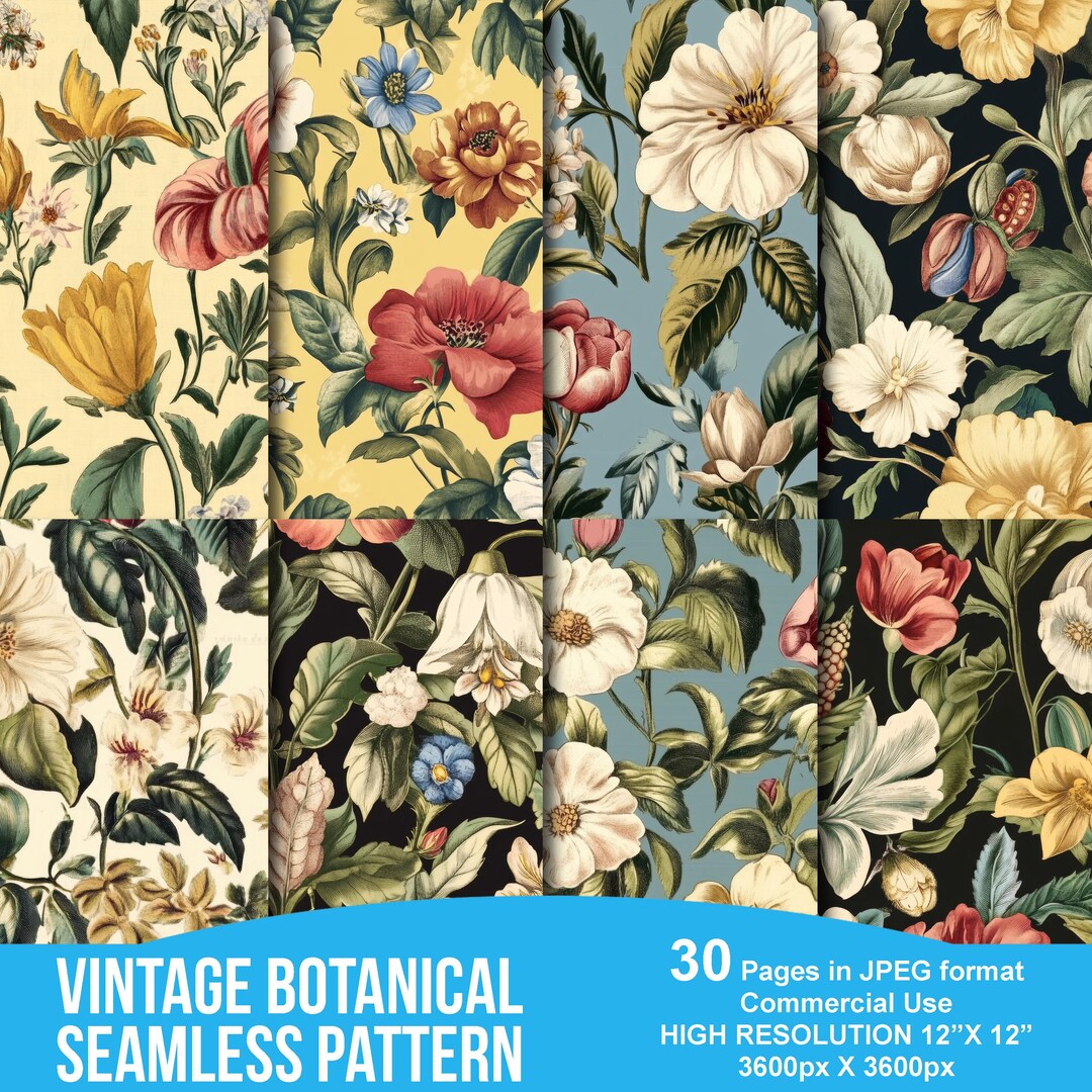 Vintage Botanical Seamless Patterns, Vintage Digital Papers, Commercial ...