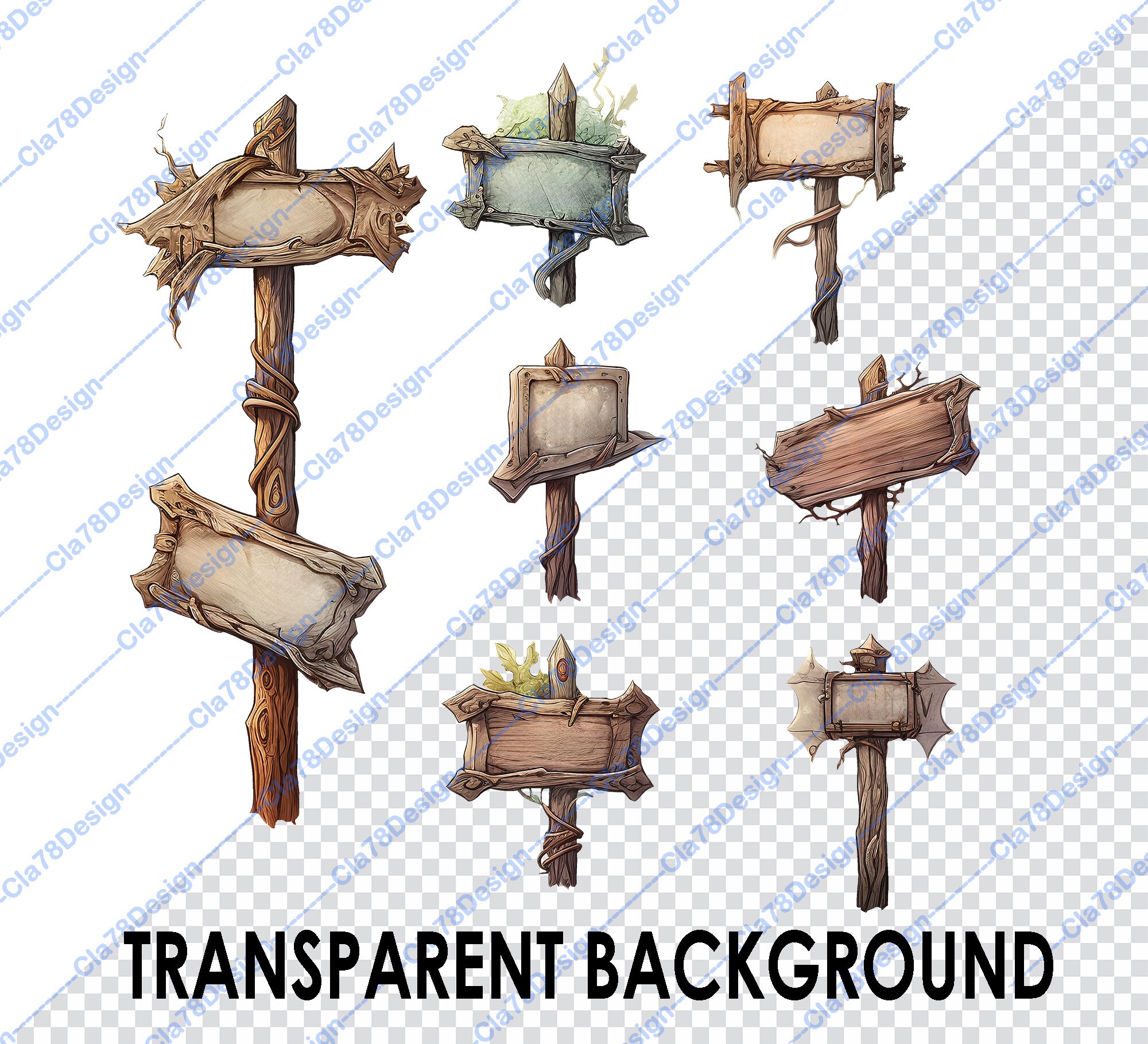 15 Old Wood Signs Clipart 8" X 8" - Transparent Background Digital ...
