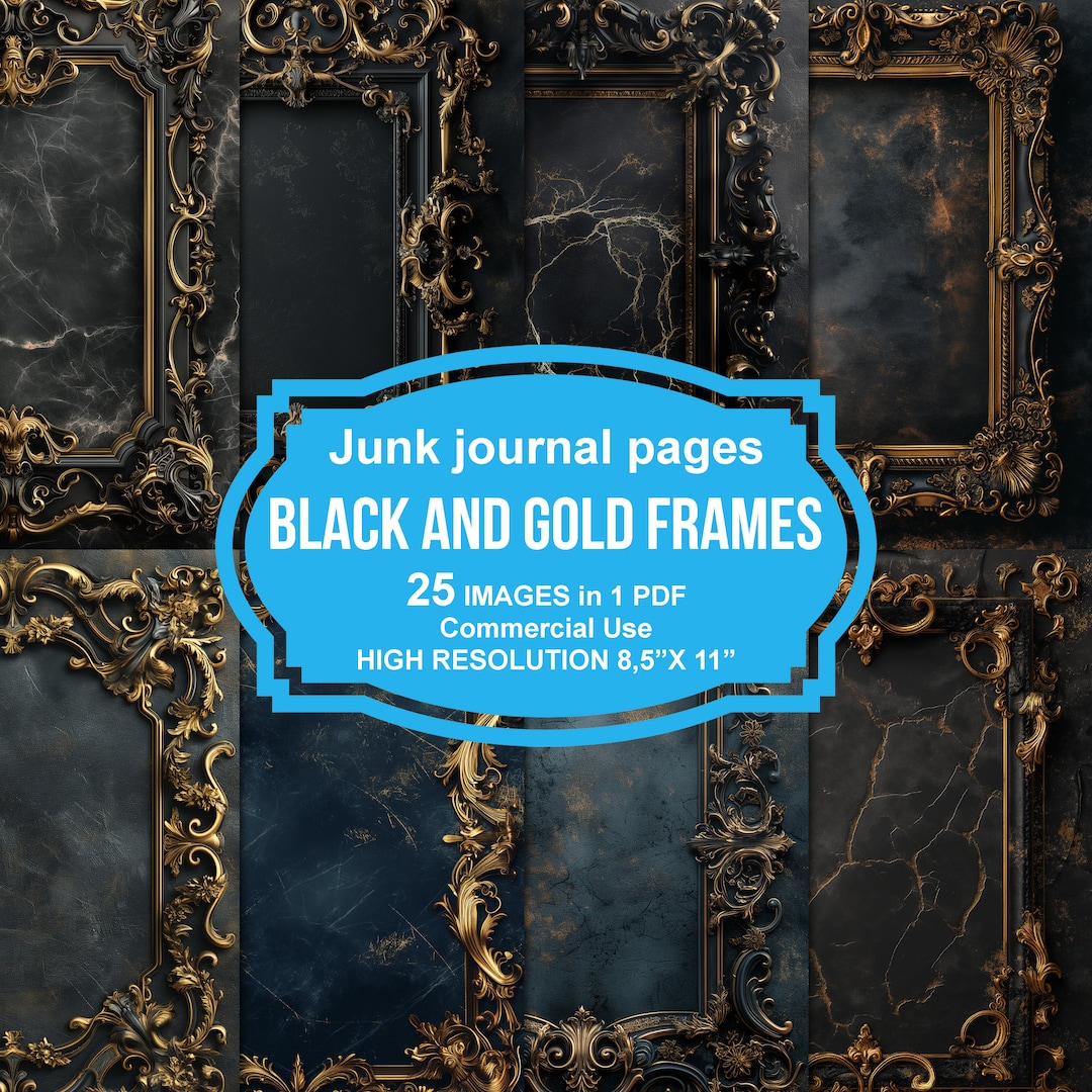 Black and Gold Framed Journal Paper, Notebook Digital Paper Grunge Junk ...
