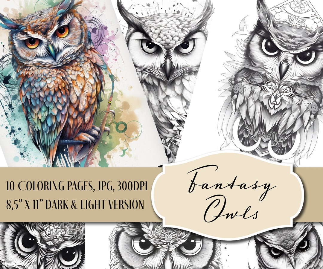 10 Grayscale Fantasy Owls Coloring Book, Printable Adult Coloring Pages ...
