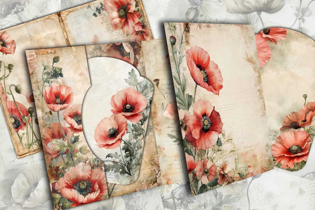 Poppy Flower Digital Folder - Vintage Red Floral Printable Papers for ...